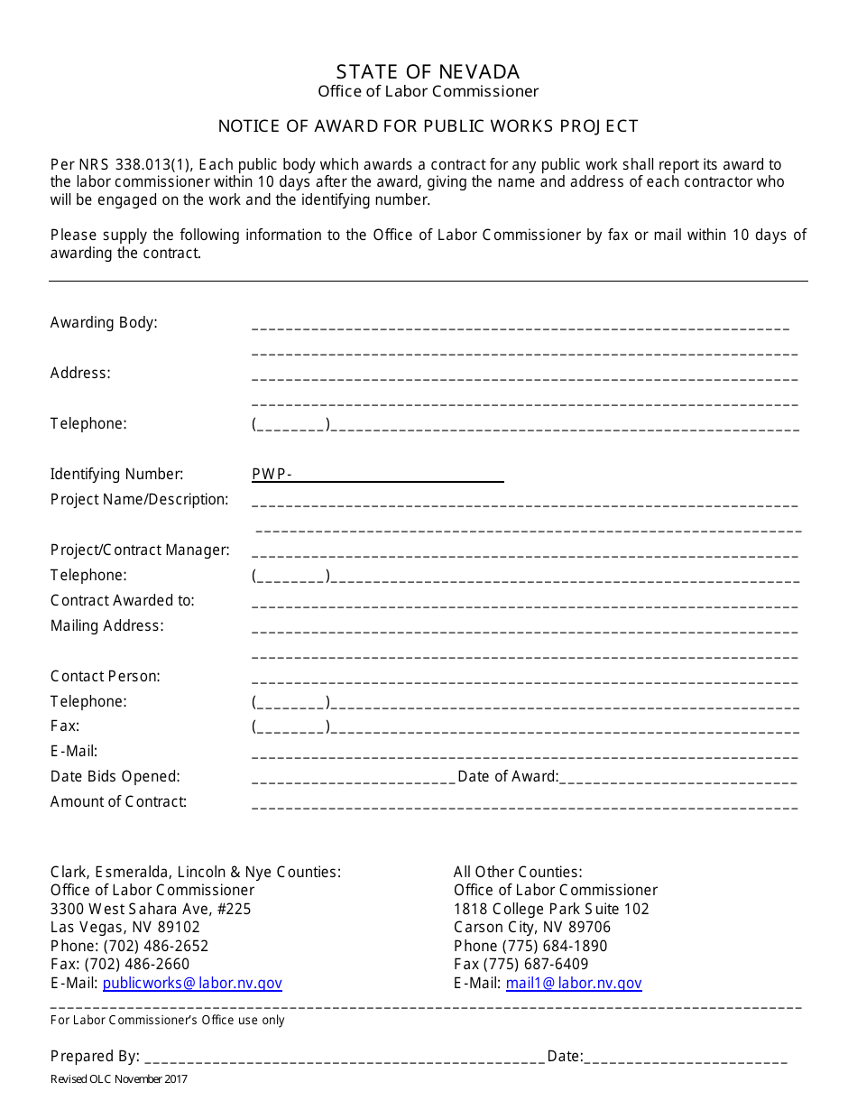 Nevada Notice of Award for Public Works Project - Fill Out, Sign Online and Download PDF ...