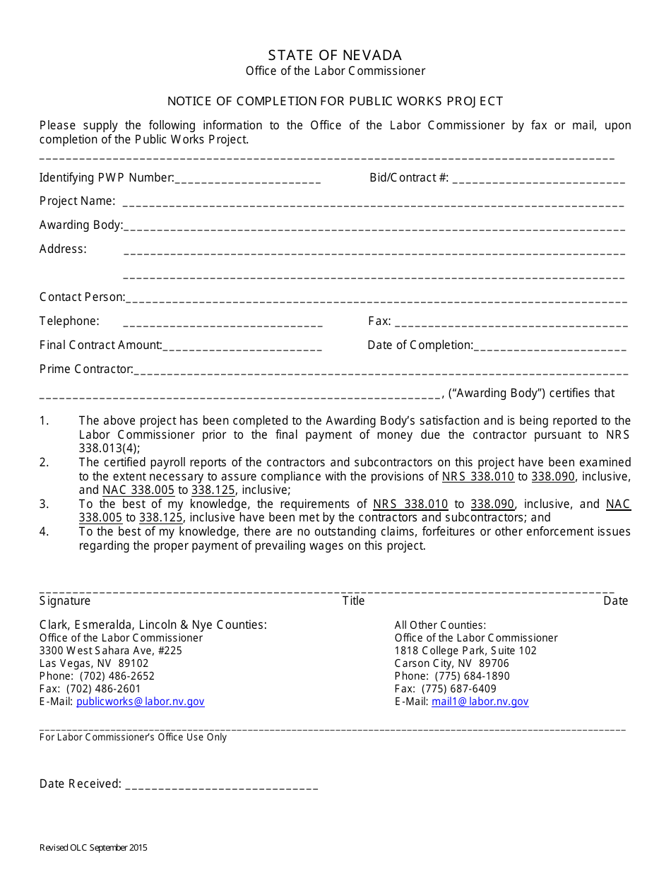 Nevada Notice of Completion for Public Works Project - Fill Out, Sign ...