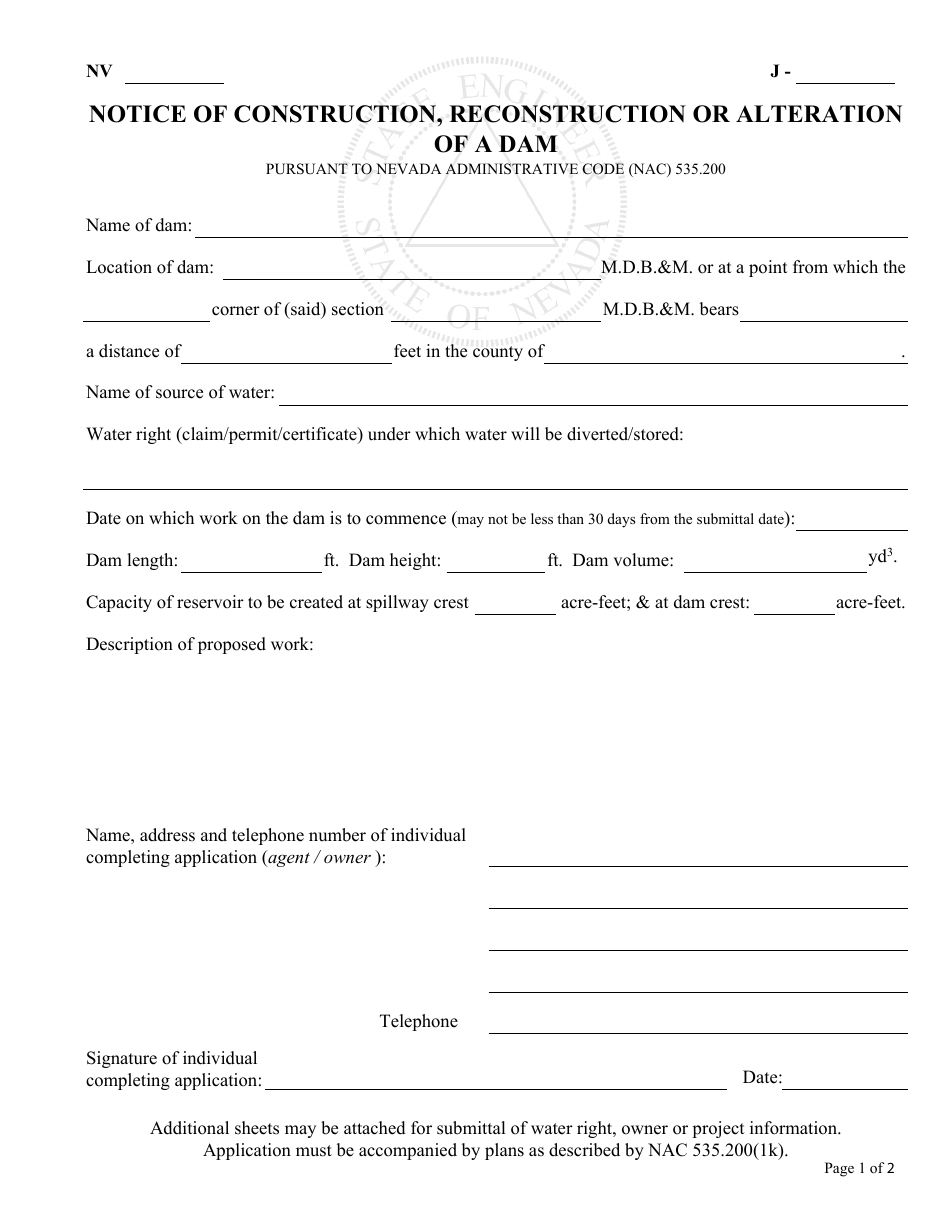 Nevada Notice of Construction, Reconstruction or Alteration of a Dam ...