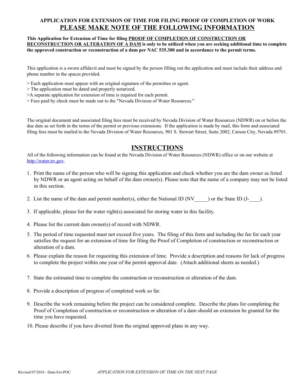 Nevada Application for Extension of Time for Filing Proof of Completion ...