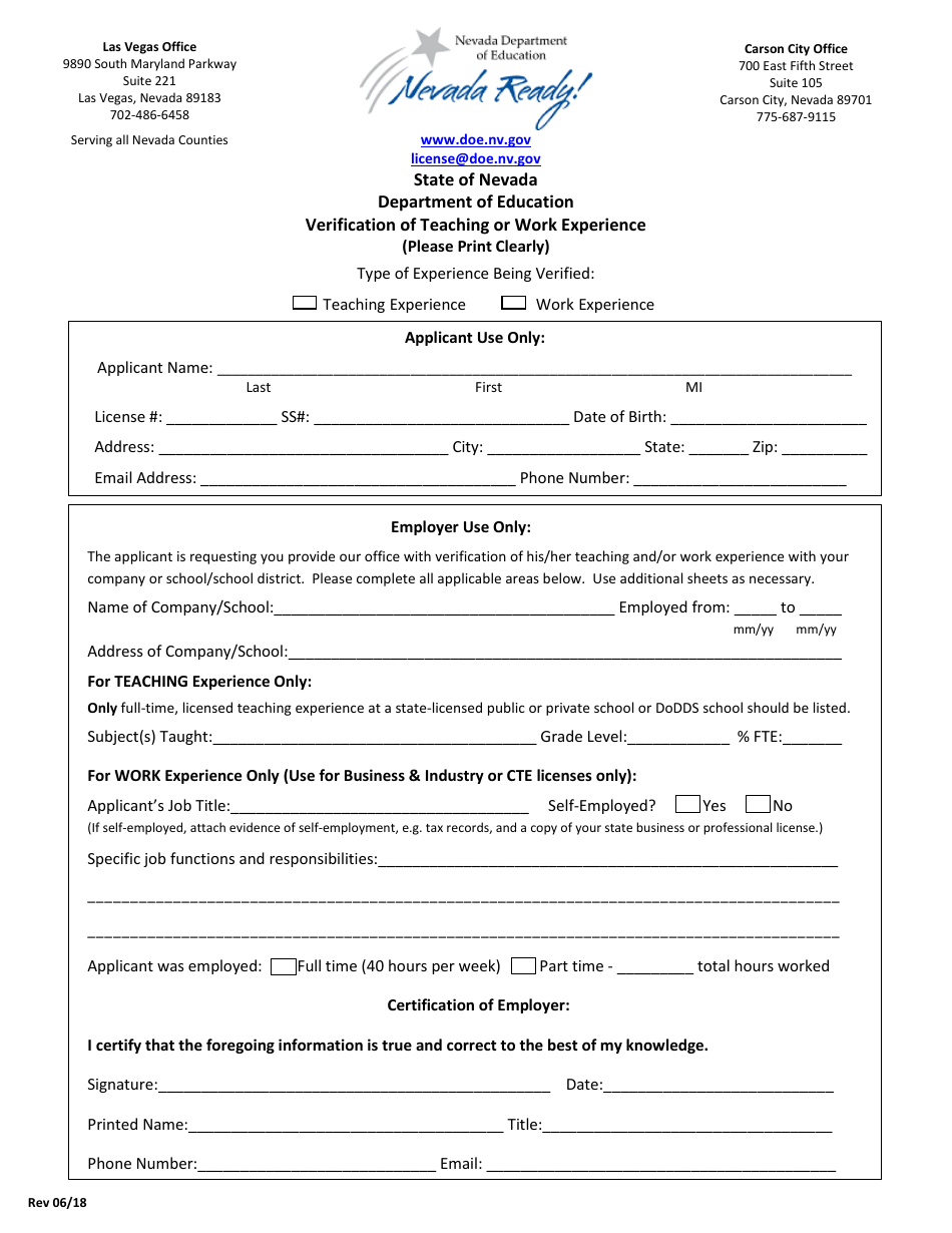 Nevada Verification of Teaching or Work Experience - Fill Out, Sign ...