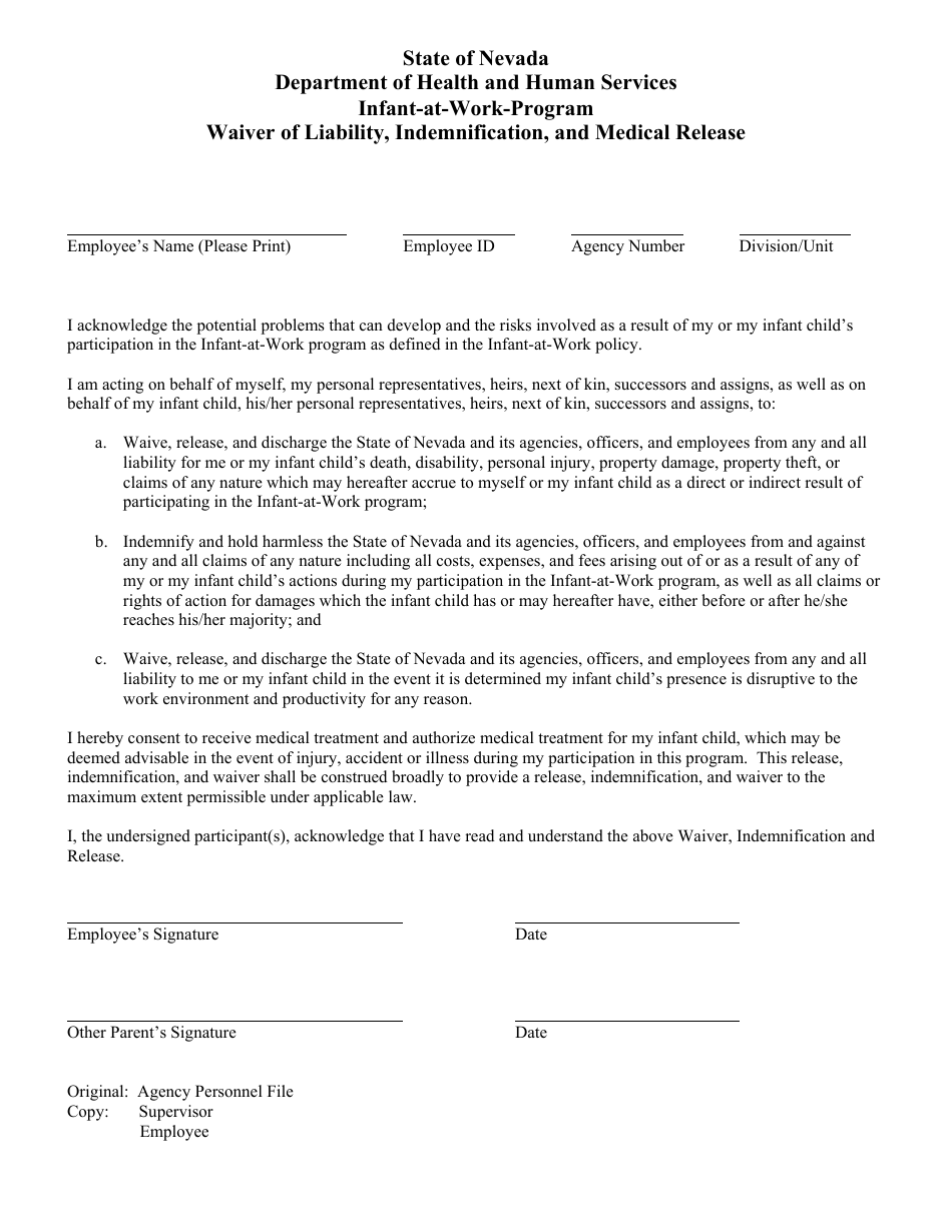Nevada Waiver of Liability, Indemnification, and Medical Release ...