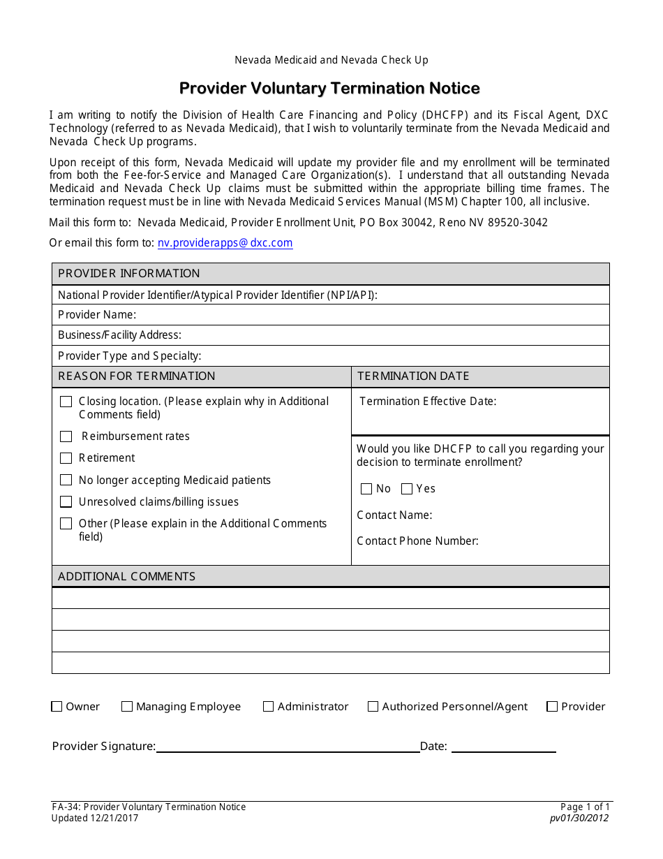 Form FA-34 - Fill Out, Sign Online and Download Fillable PDF, Nevada ...