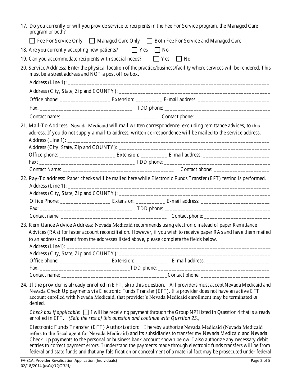 Form FA-31A - Fill Out, Sign Online and Download Fillable PDF, Nevada | Templateroller