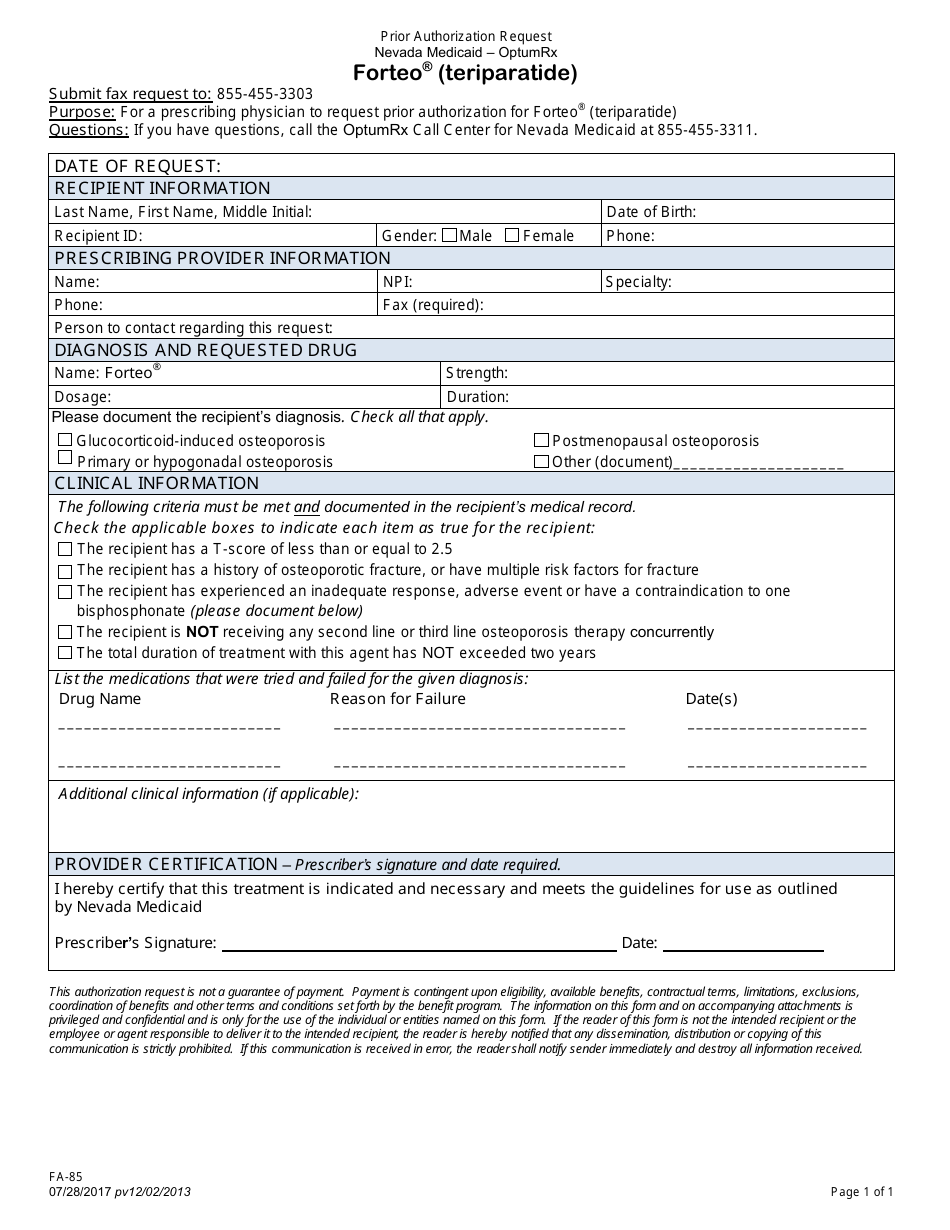 Form FA-85 - Fill Out, Sign Online and Download Fillable PDF, Nevada ...