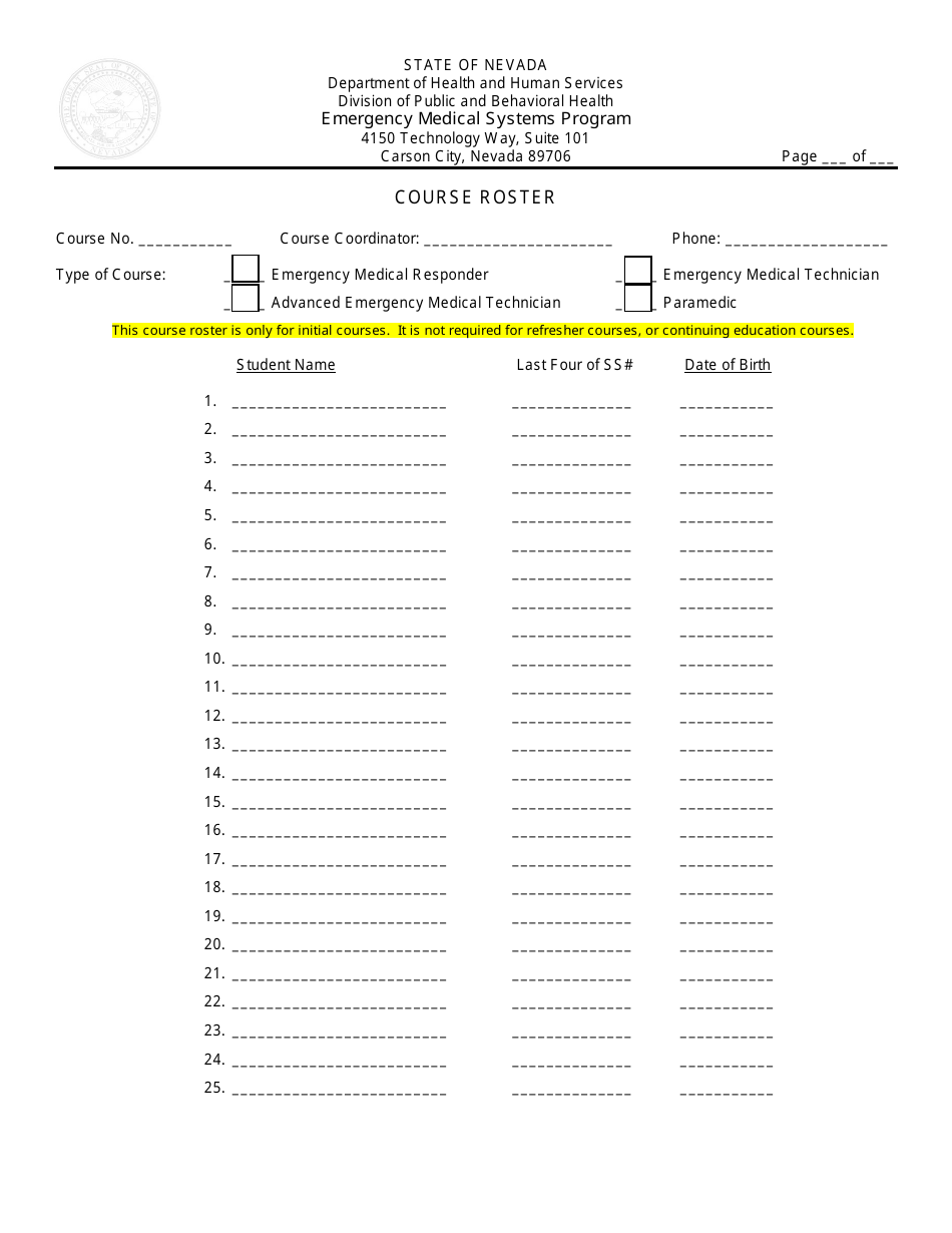 Nevada Course Roster Form - Emergency Medical Systems Program - Fill ...