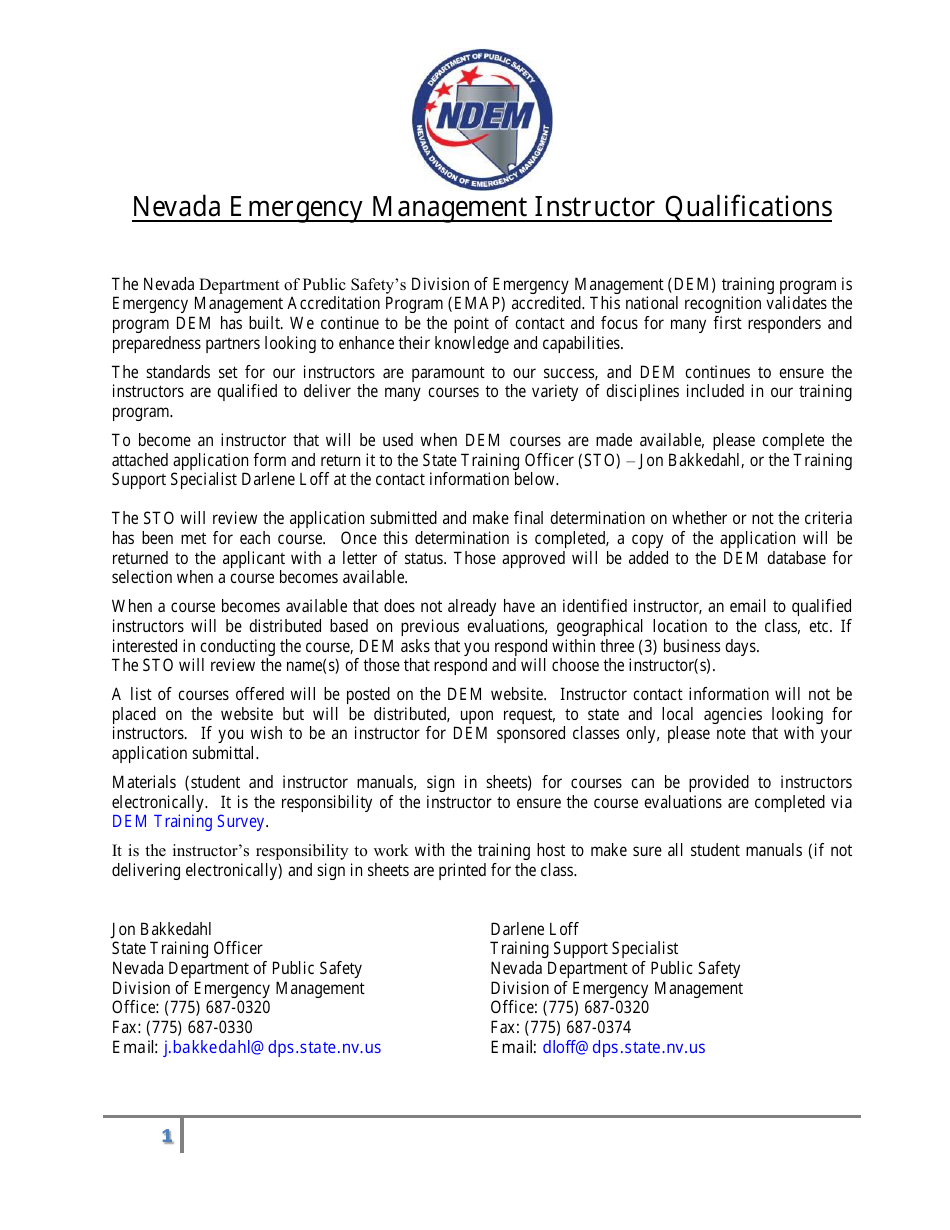 Nevada Nevada Emergency Management Instructor Qualifications Form ...