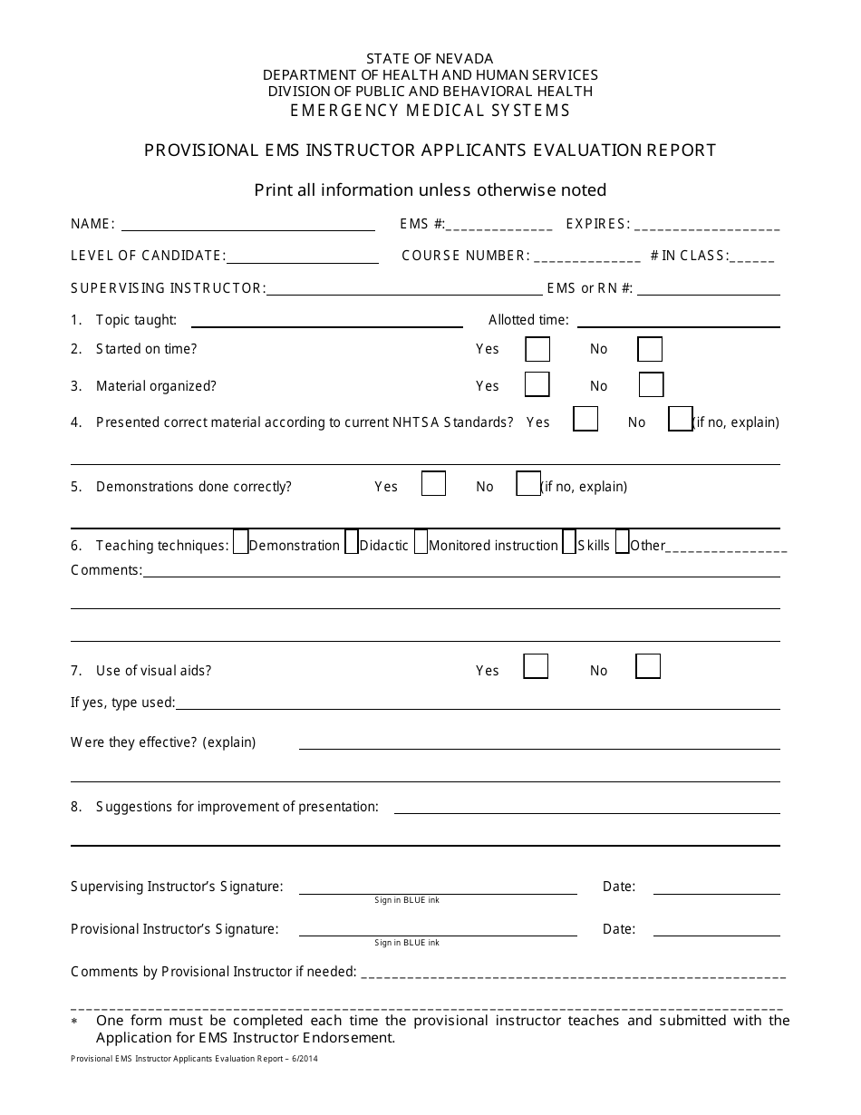 Nevada Provisional EMS Instructor Applicants Evaluation Report - Fill Out, Sign Online and ...