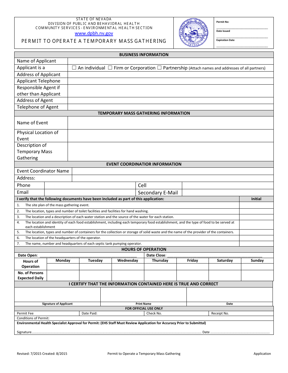 Nevada Permit to Operate a Temporary Mass Gathering - Fill Out, Sign ...