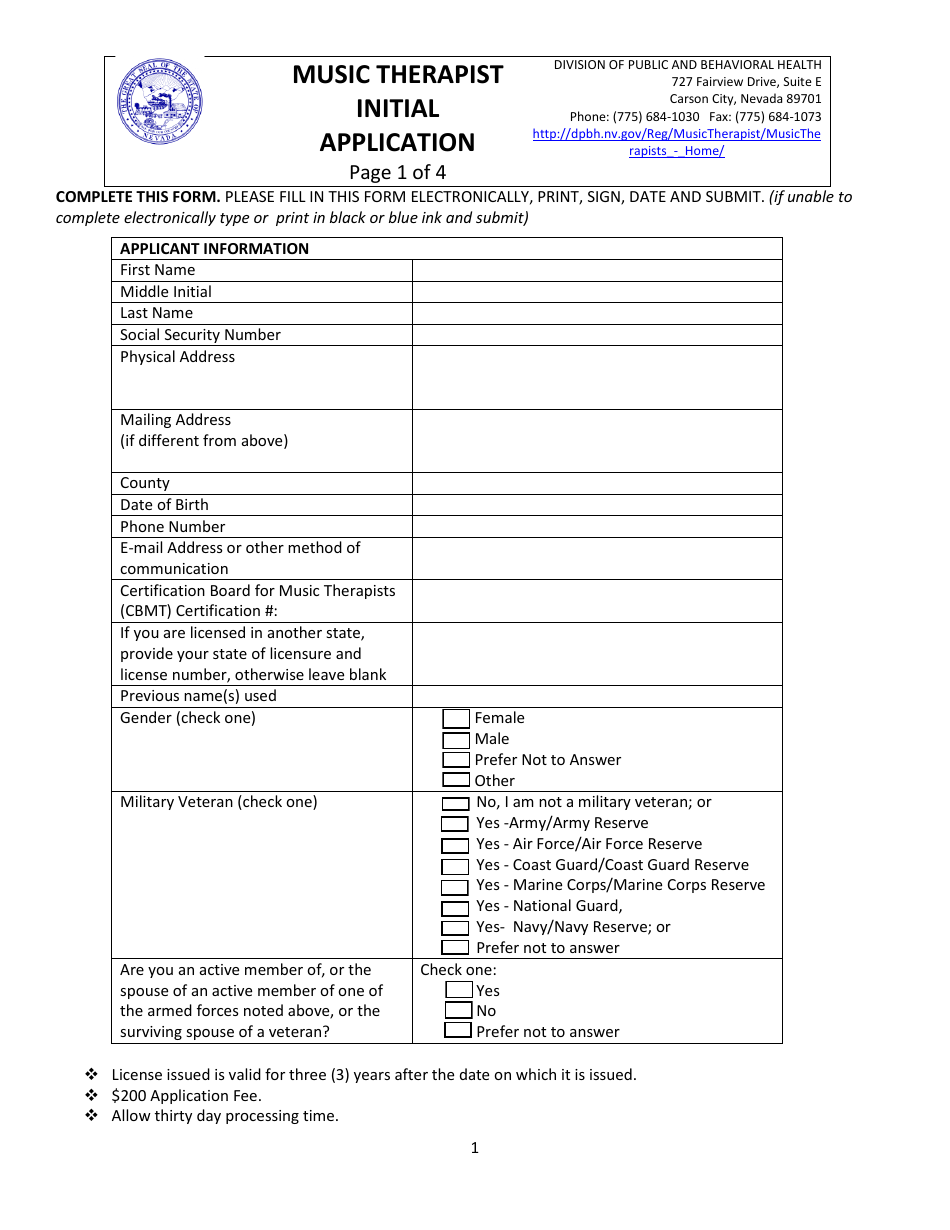 Nevada Music Therapist Initial Application Form - Fill Out, Sign Online ...
