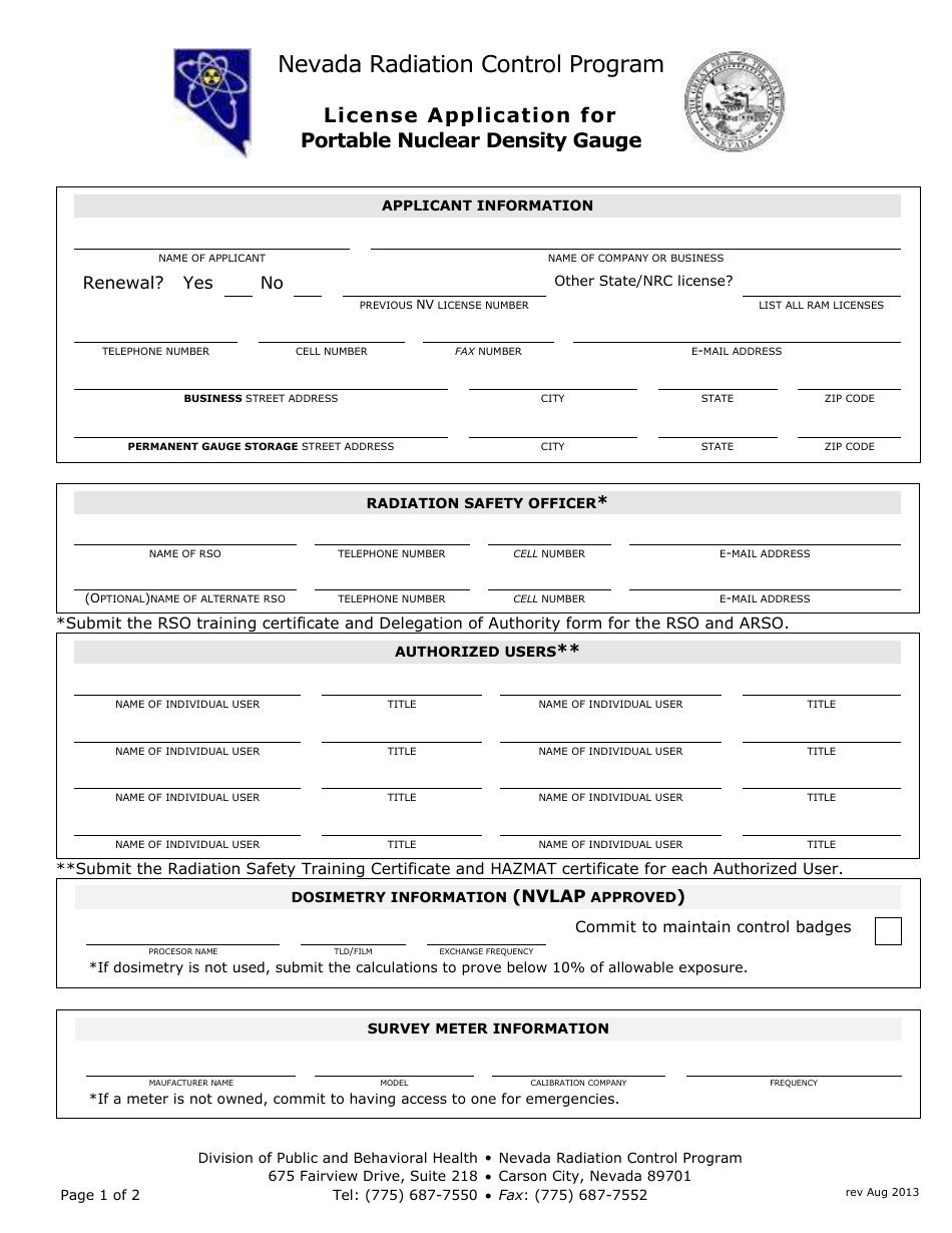 Nevada License Application for Portable Nuclear Density Gauge - Nevada ...