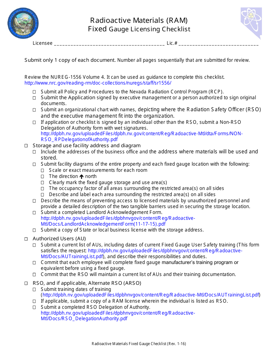 Nevada Radioactive Materials (Ram) Fixed Gauge Licensing Checklist ...