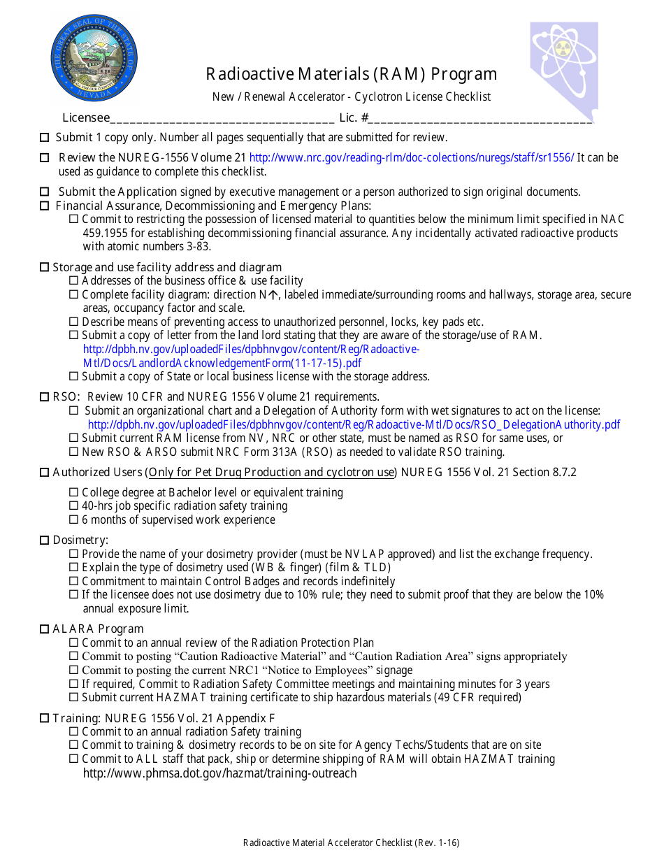 Nevada New / Renewal Accelerator - Cyclotron License Checklist ...