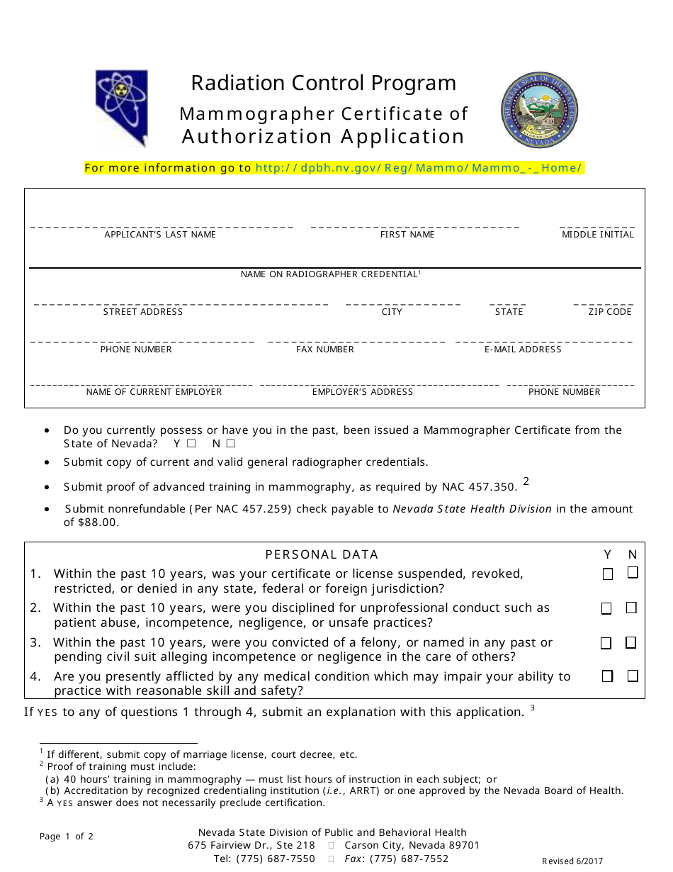 Nevada Mammographer Certificate of Authorization Application Form - Radiation Control Program ...