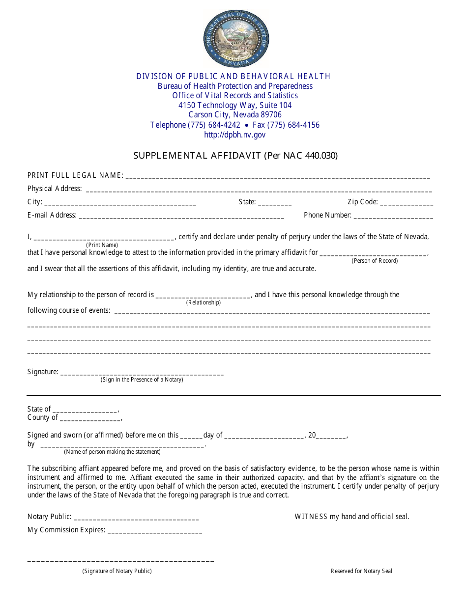 Nevada Supplemental Affidavit (Per Nac 440.030) - Fill Out, Sign Online and Download PDF ...