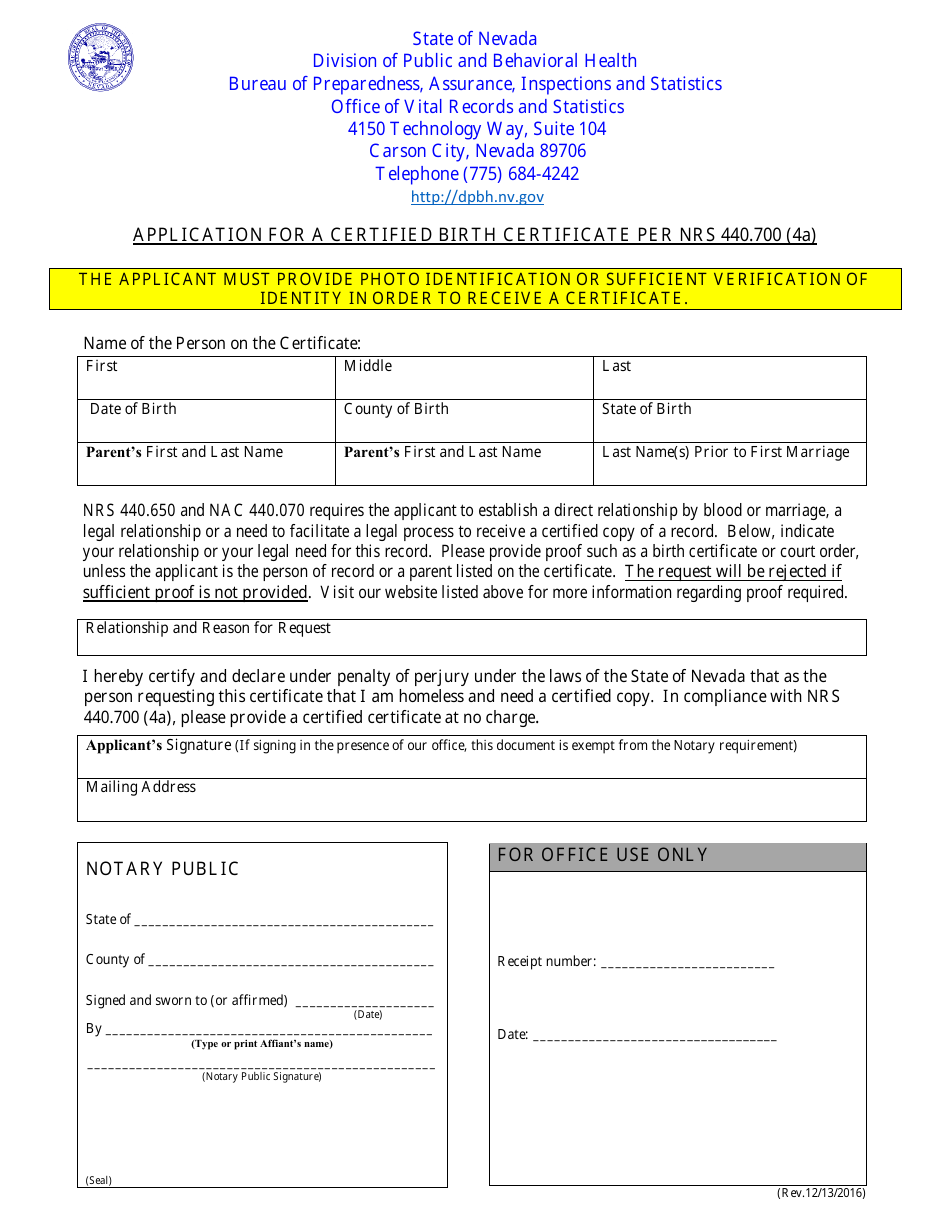 Nevada Application for a Certified Birth Certificate Per Nrs 440.700 ...