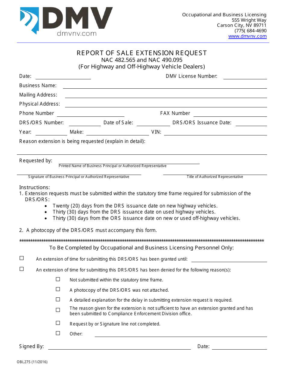 Form OBL275 - Fill Out, Sign Online and Download Fillable PDF, Nevada ...