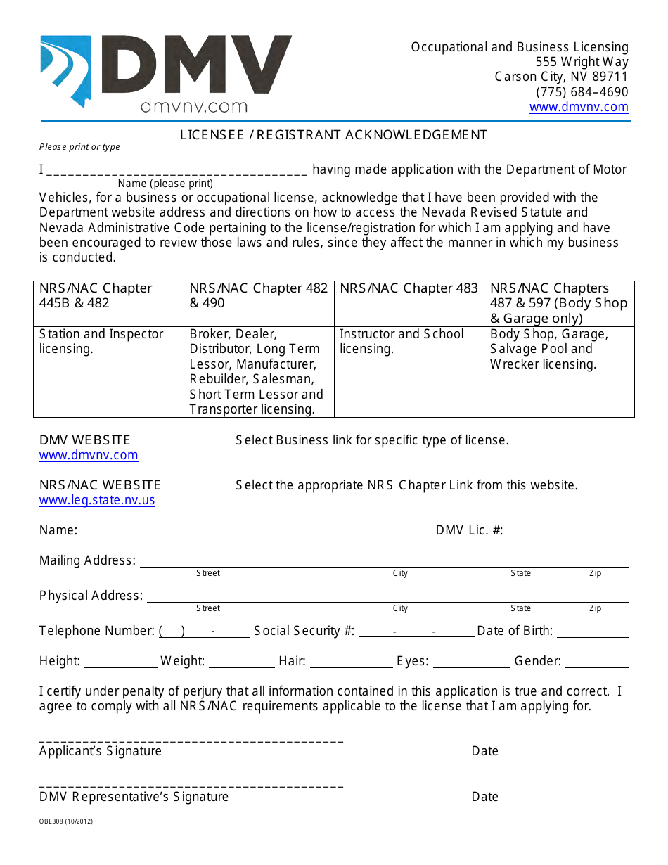 Form OBL308 - Fill Out, Sign Online and Download Fillable PDF, Nevada ...