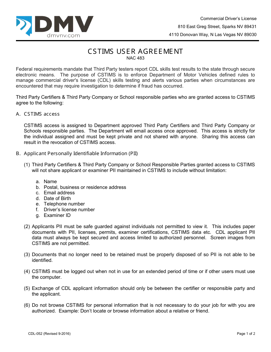 Form CDL-052 - Fill Out, Sign Online and Download Fillable PDF, Nevada ...