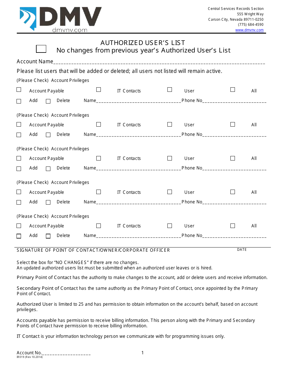 Form IR019 - Fill Out, Sign Online and Download Fillable PDF, Nevada ...