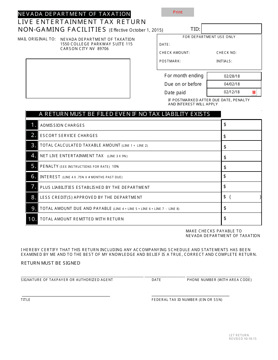 Nevada Live Entertainment Tax Return - Non-gaming Facilities - Fill Out ...