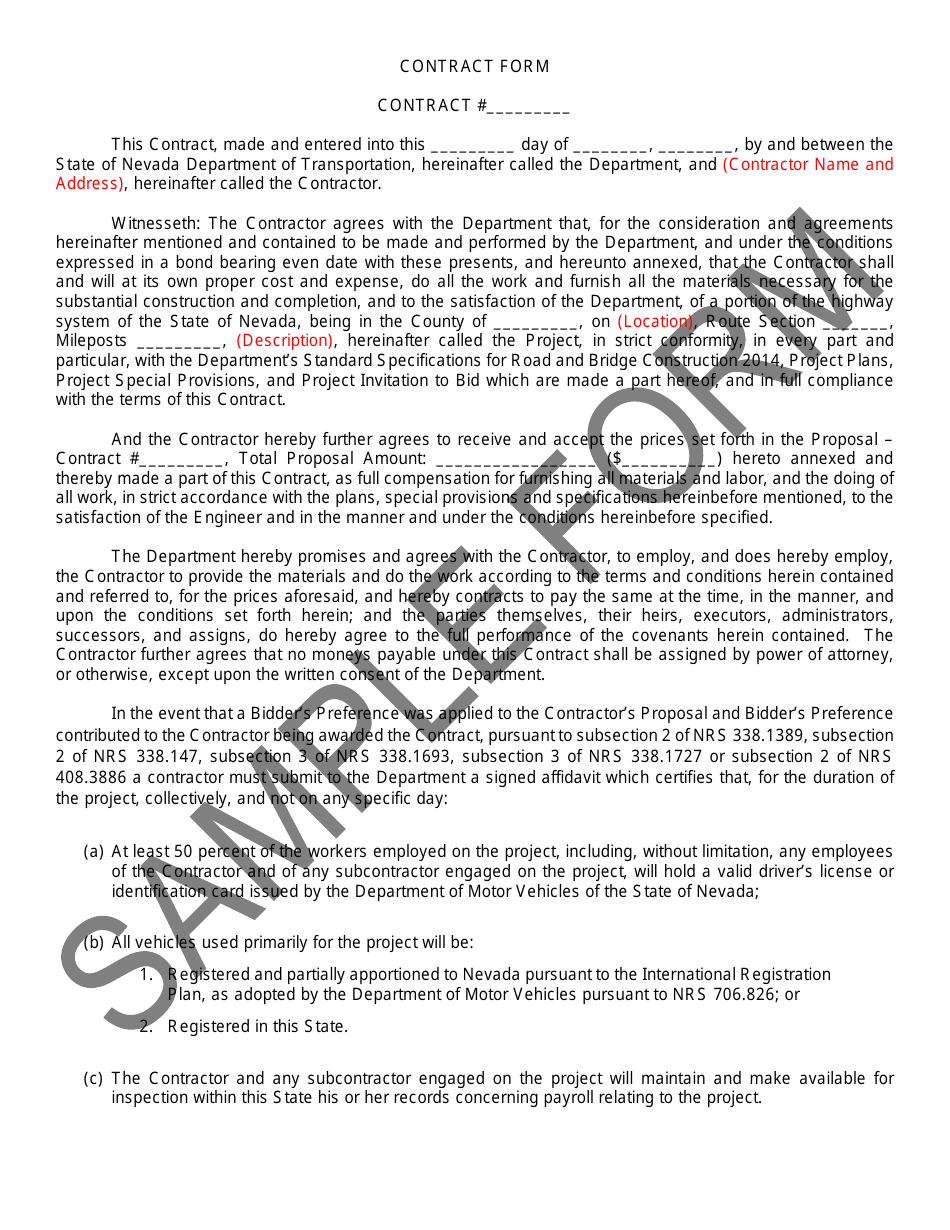 Nevada Contract and Bond Form - Sample - Fill Out, Sign Online and ...