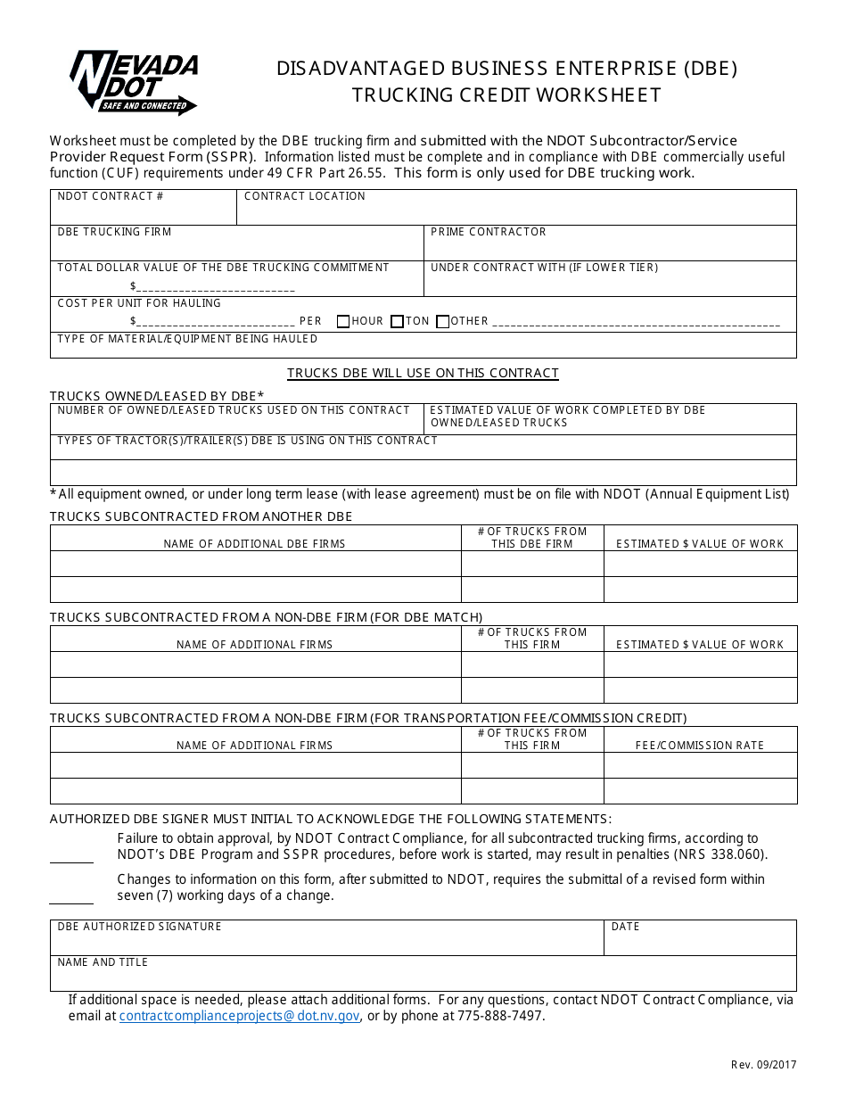 Nevada Disadvantaged Business Enterprise (Dbe) Trucking Credit ...