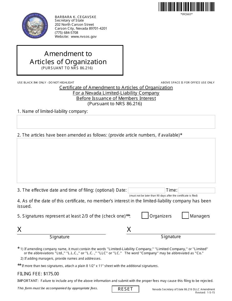 Form 092603 - Fill Out, Sign Online and Download Fillable PDF, Nevada | Templateroller