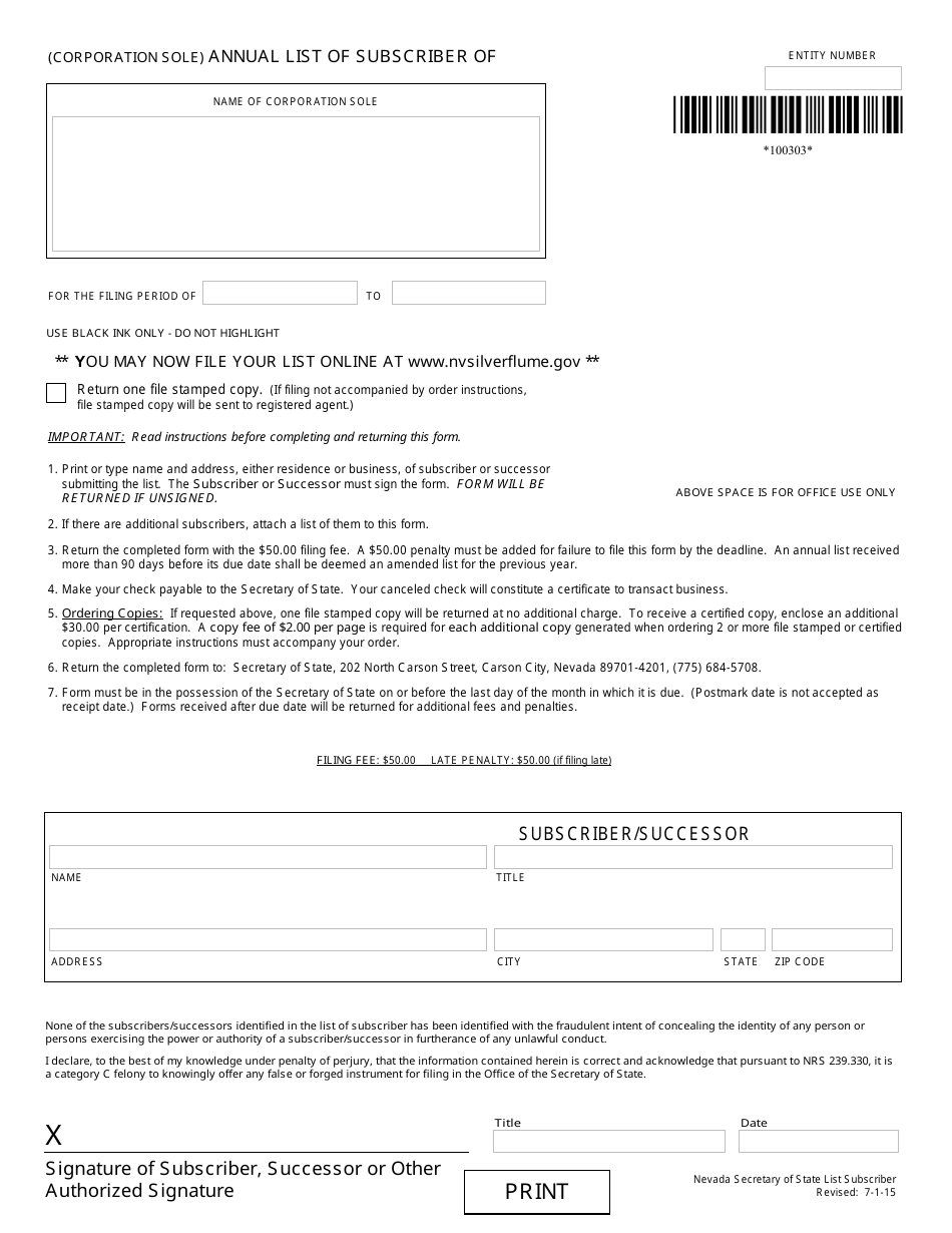 Form 100303 - Fill Out, Sign Online and Download Fillable PDF, Nevada ...