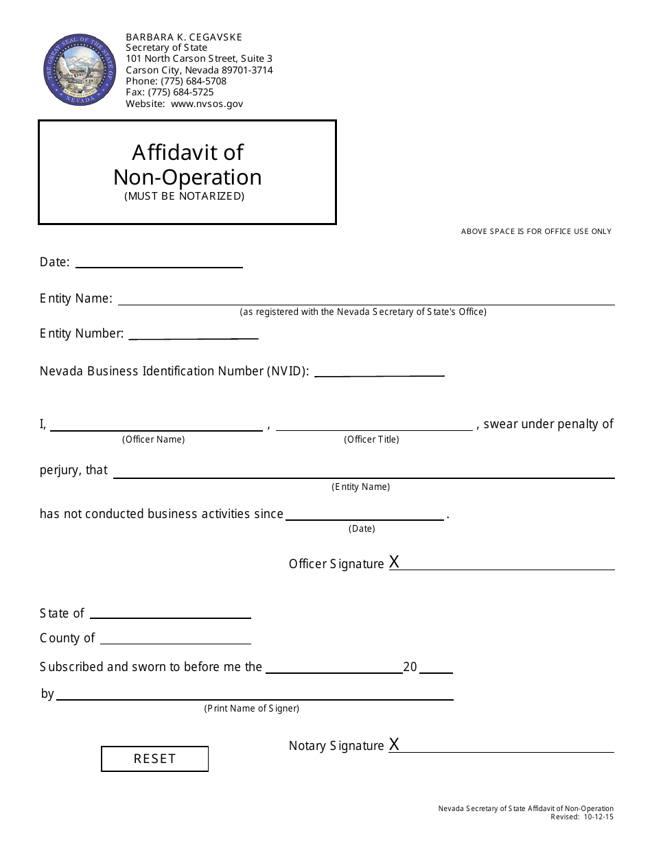 Nevada Affidavit of Non-operation - Fill Out, Sign Online and Download ...
