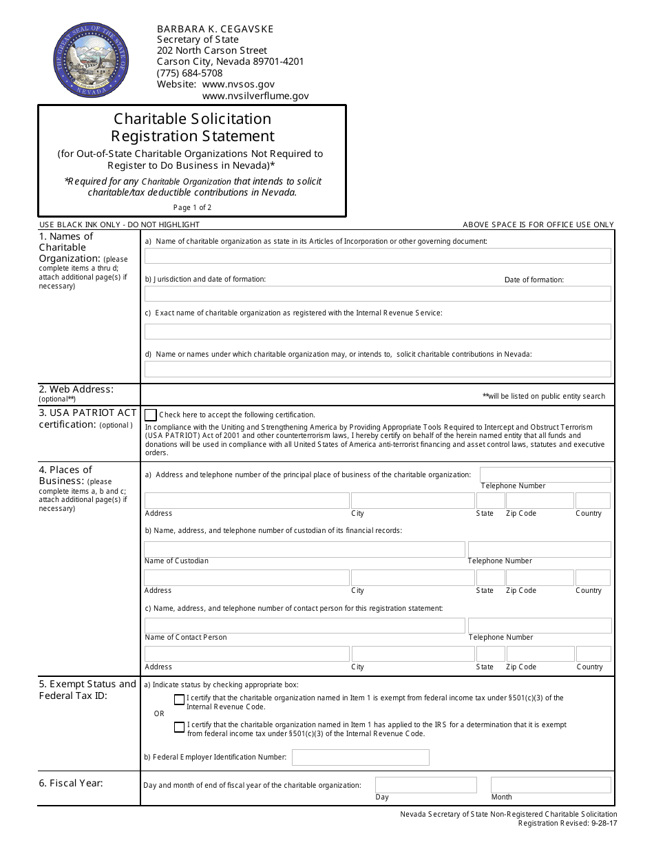 Nevada Charitable Solicitation Registration Statement (For Out-of-State ...