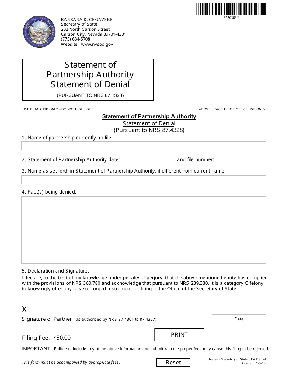Form 220303 - Fill Out, Sign Online and Download Fillable PDF, Nevada ...
