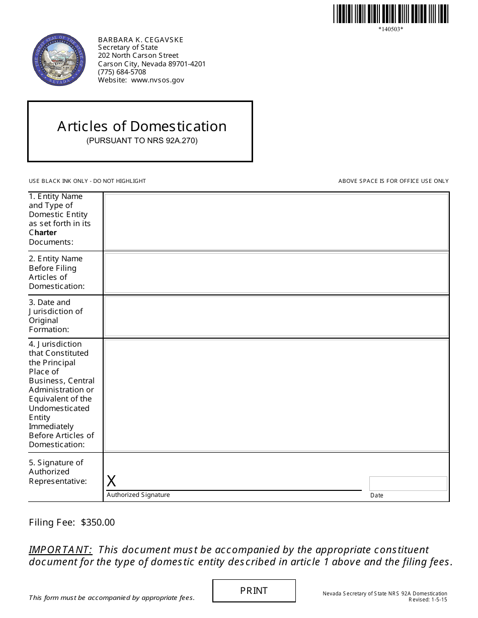 Nevada Domestication (Nrs Chapter 92a) - Complete Packet - Fill Out ...