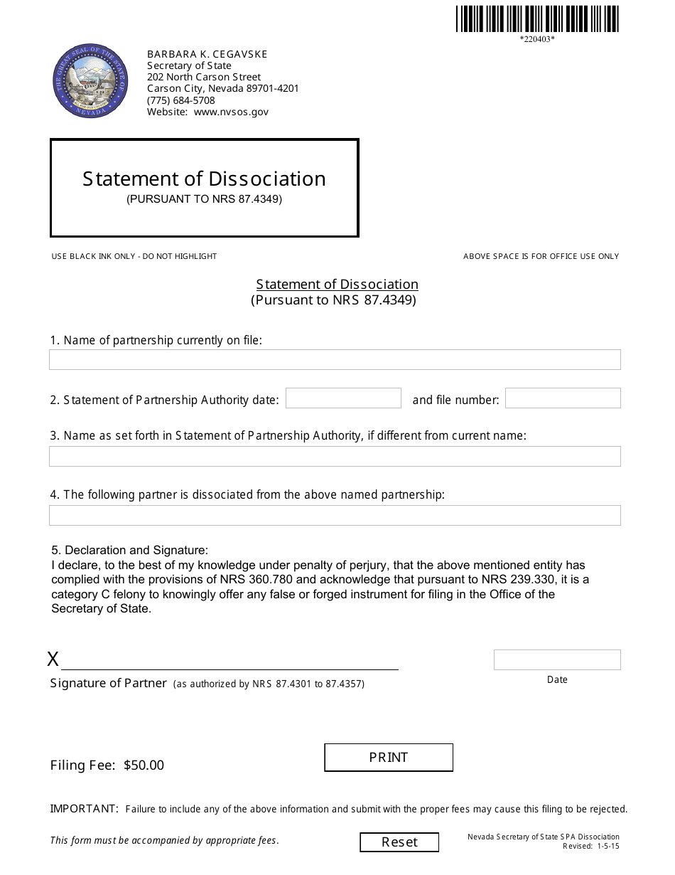 Form 220403 - Fill Out, Sign Online and Download Fillable PDF, Nevada ...