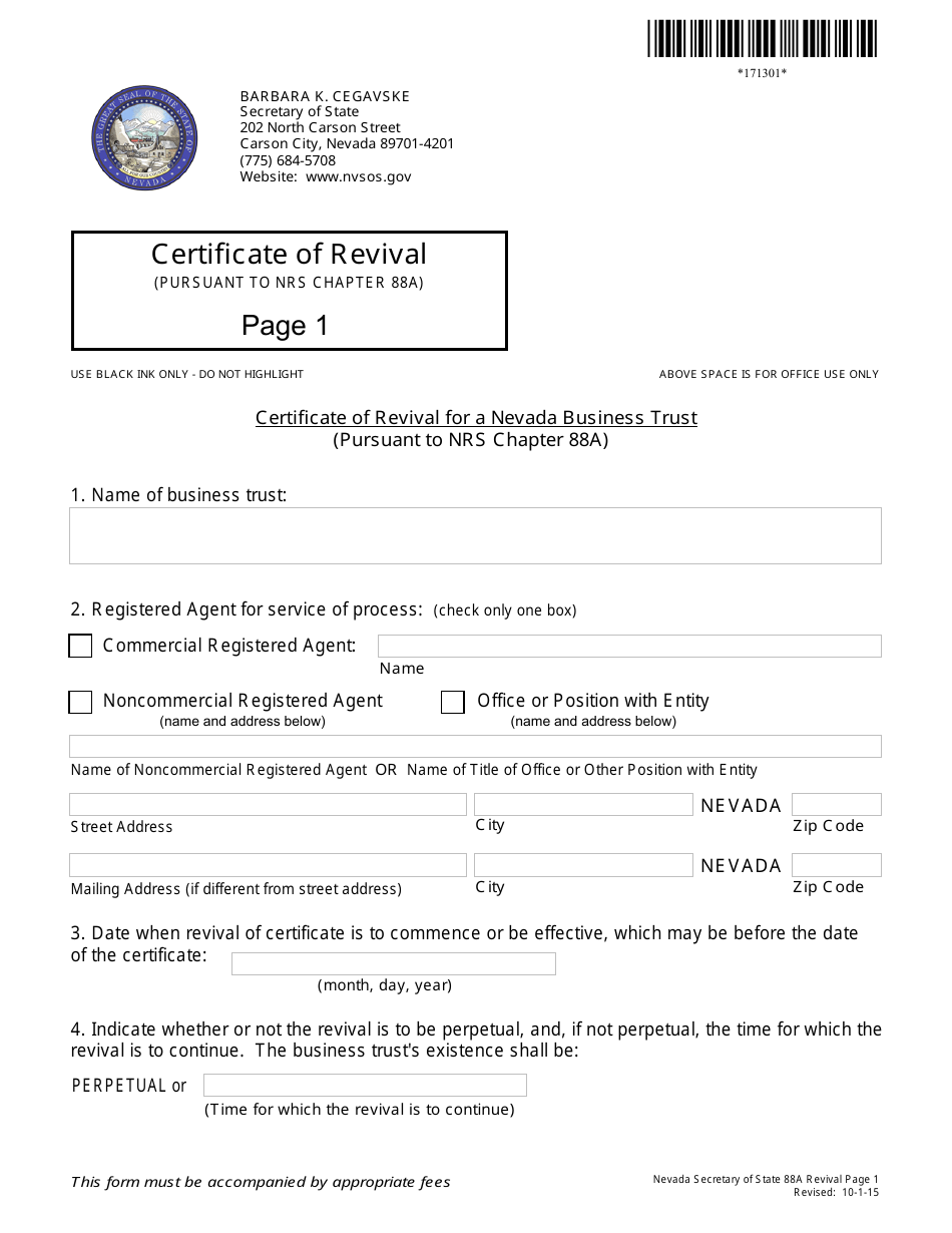 Nevada Revival for a Nevada Business Trust (Pursuant to Nrs Chapter 88a ...