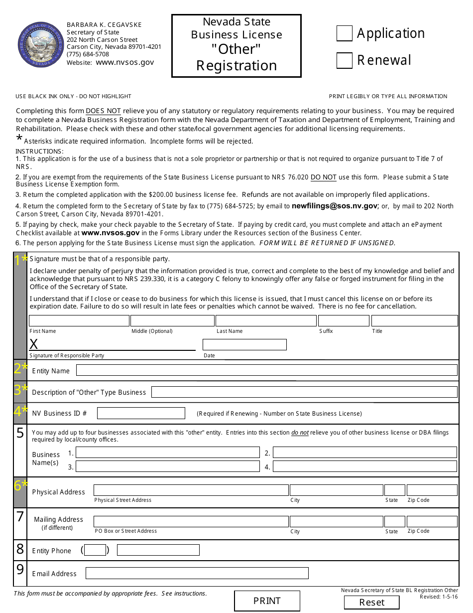 Nevada "other" Nt7 Registration - Application or Renewal (Nrs 76 ...