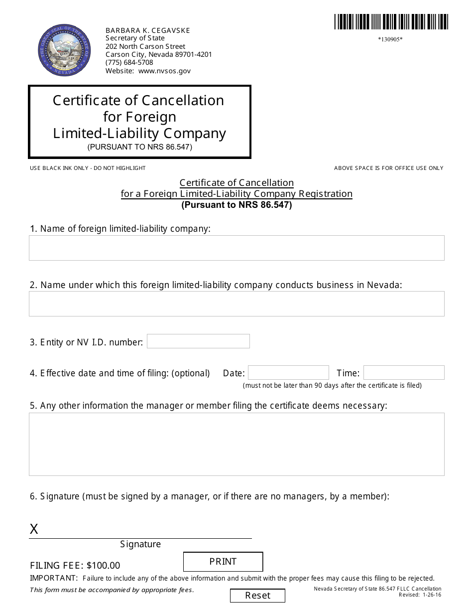Form 130905 - Fill Out, Sign Online and Download Fillable PDF, Nevada ...