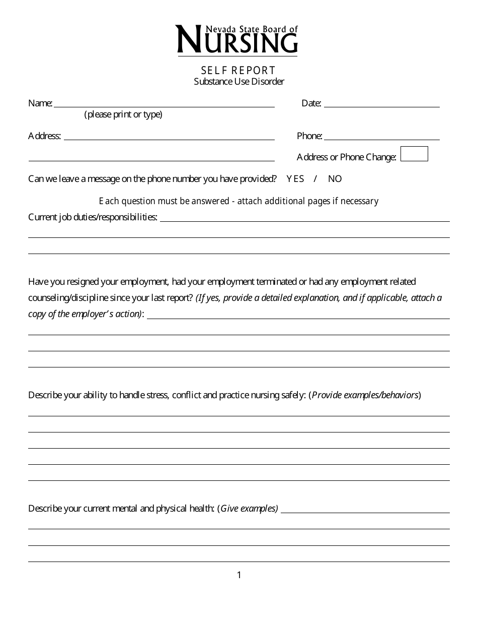 Nevada Self Report Form - Substance Use Disorder - Fill Out, Sign ...