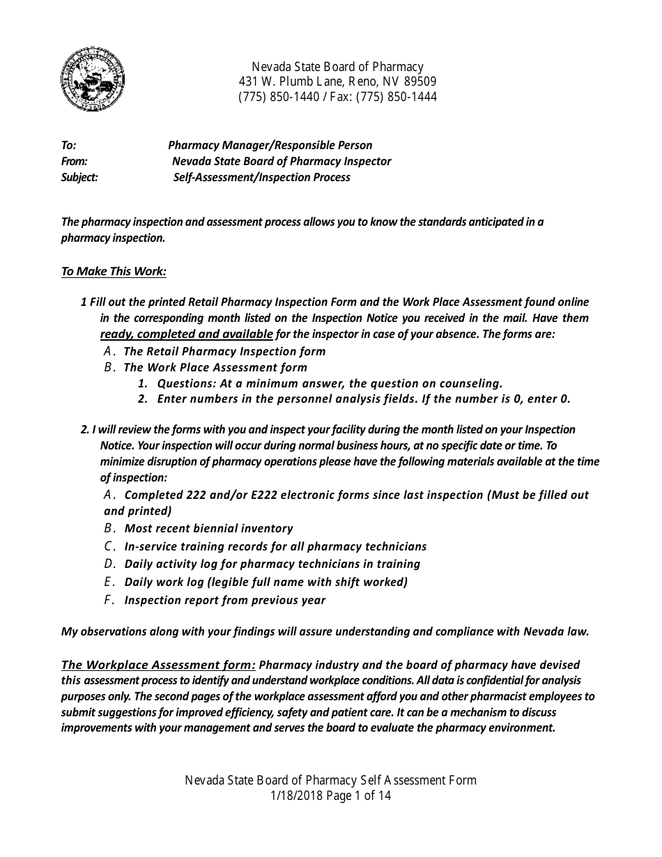 Nevada Retail Pharmacy Inspection Form Download Printable PDF ...