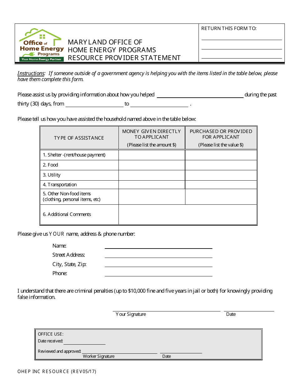 Maryland Resource Provider Statement Form - Office of Home Energy ...