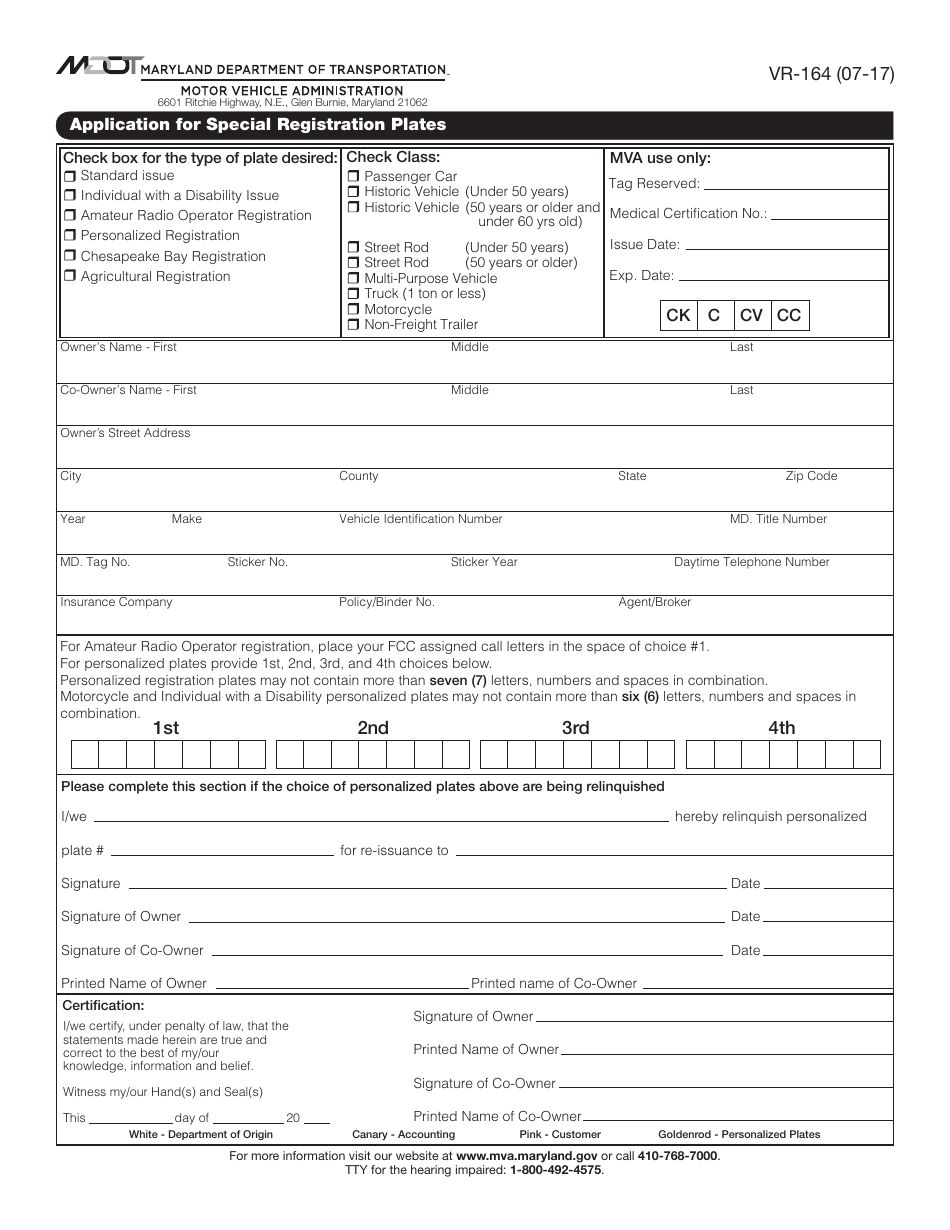 Form VR-164 - Fill Out, Sign Online and Download Fillable PDF, Maryland ...