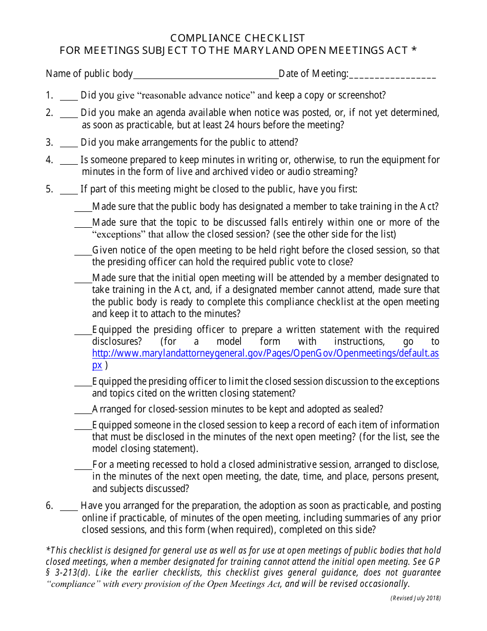 Maryland Compliance Checklist for Meetings Subject to the Maryland Open ...