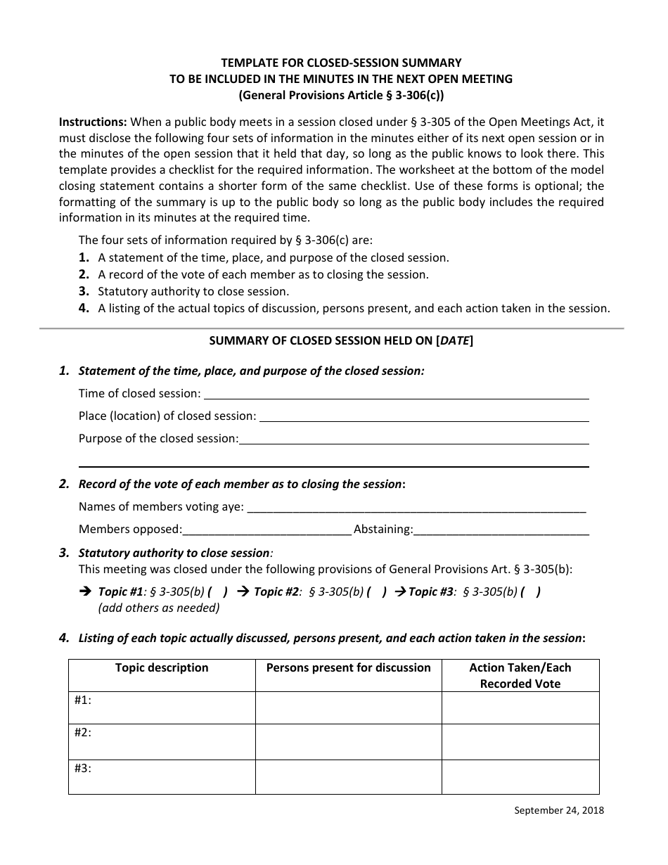 Maryland Template for Closed-Session Summary to Be Included in the ...