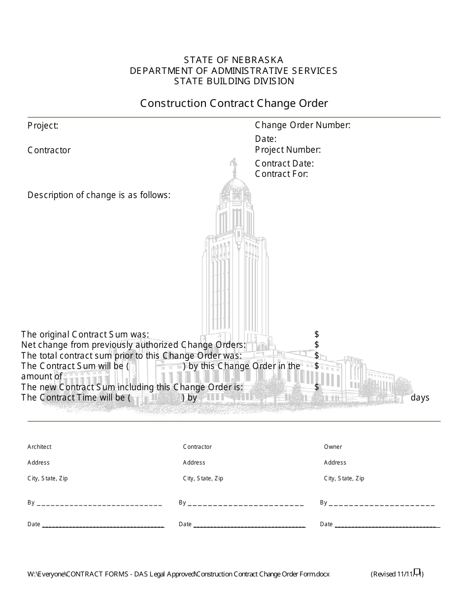Nebraska Construction Contract Change Order Form - Fill Out, Sign Online and Download PDF ...