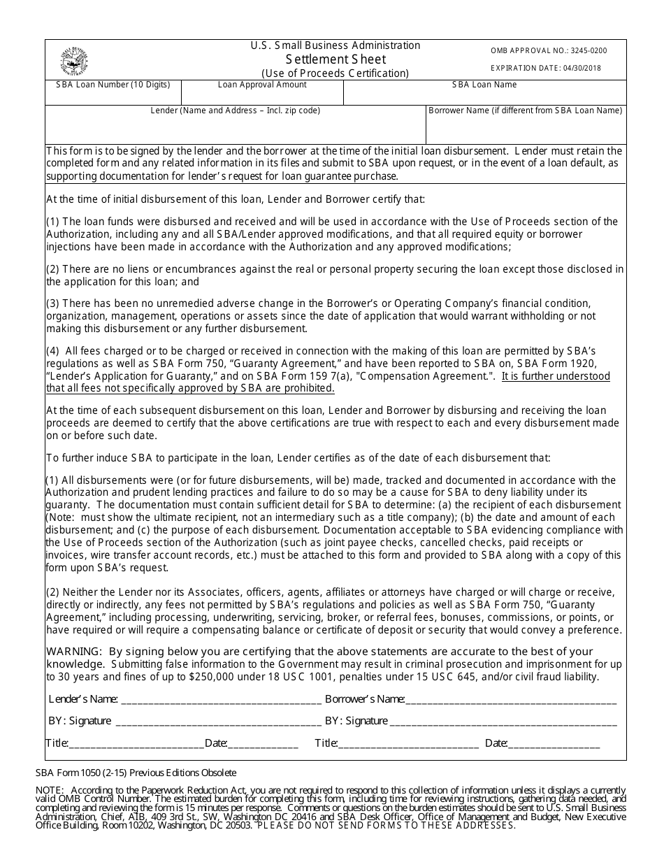 SBA Form 1050 - Fill Out, Sign Online and Download Fillable PDF ...