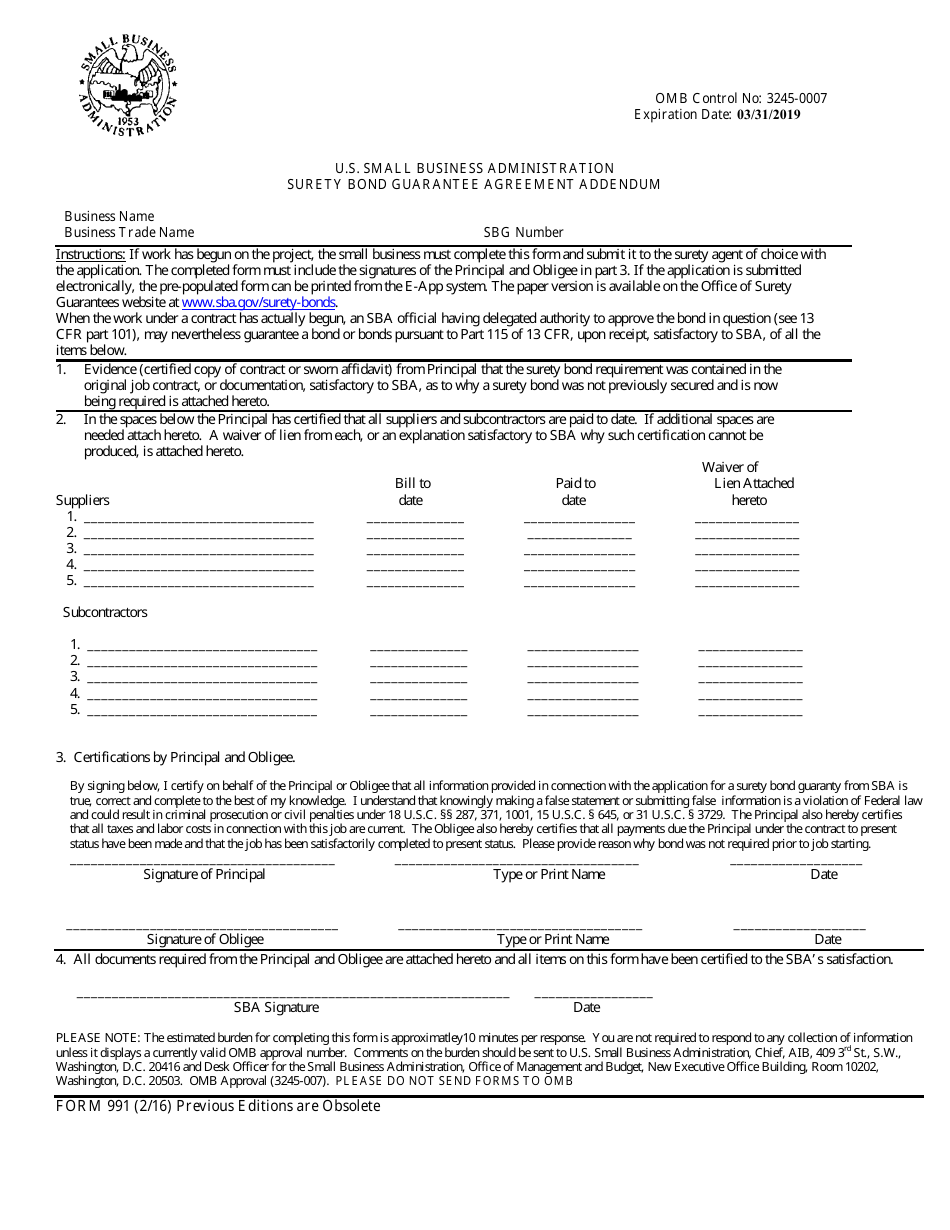 SBA Form 991 Download Fillable PDF or Fill Online Surety Bond Guarantee ... SBA Form 991 Download Fillable PDF or Fill Online Surety Bond Guarantee ...
