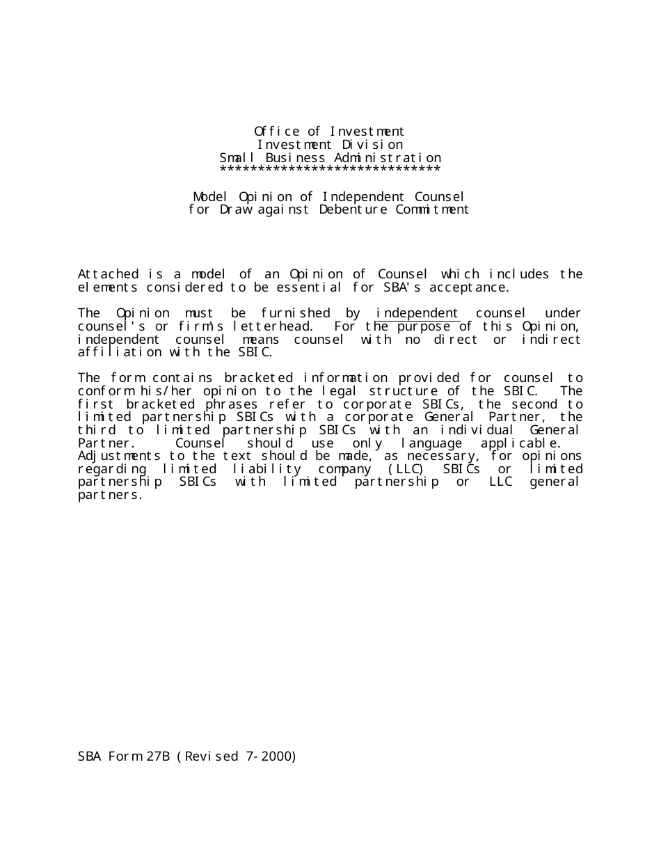 SBA Form 27B - Fill Out, Sign Online and Download Fillable PDF ...