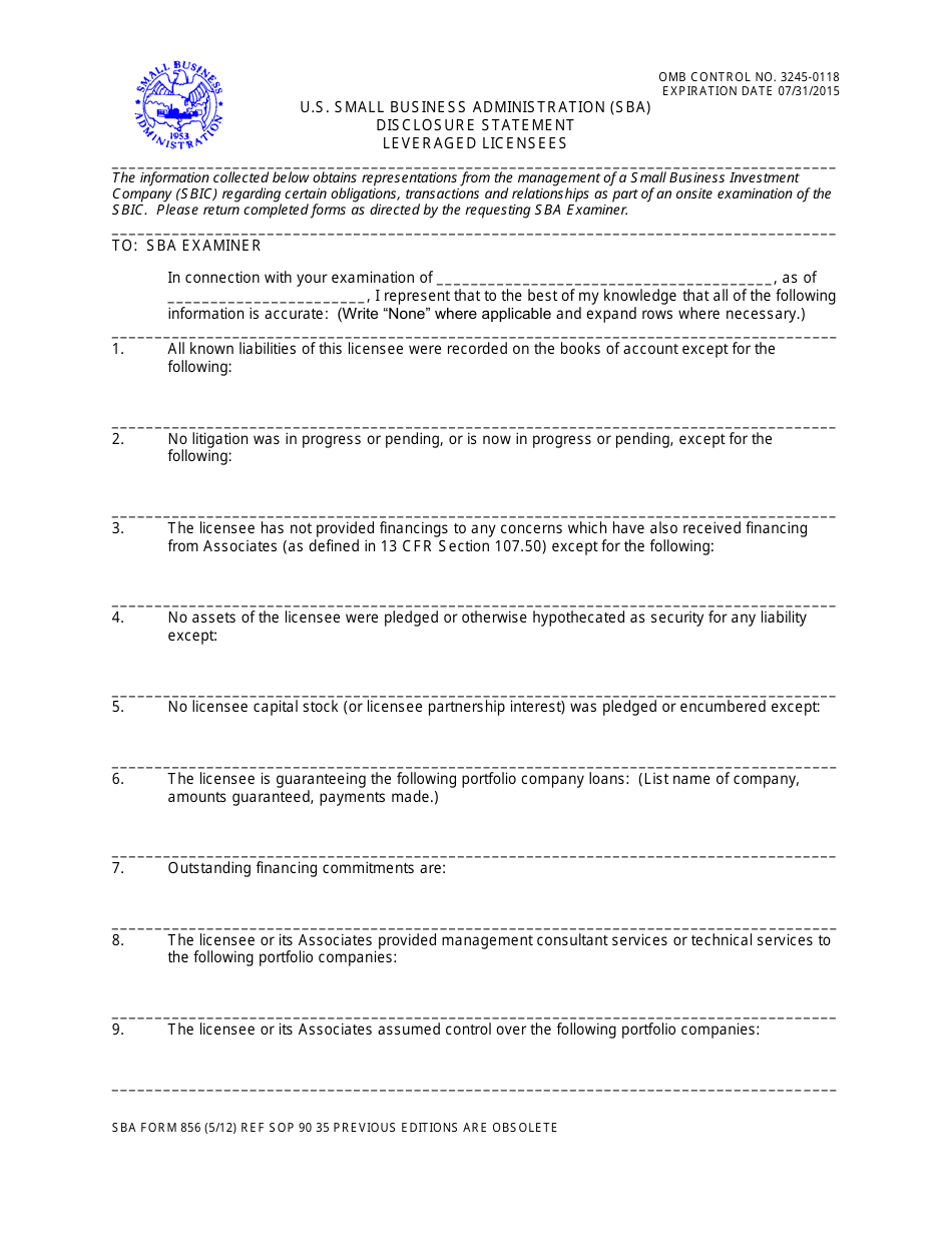 SBA Form 856 - Fill Out, Sign Online and Download Fillable PDF ...