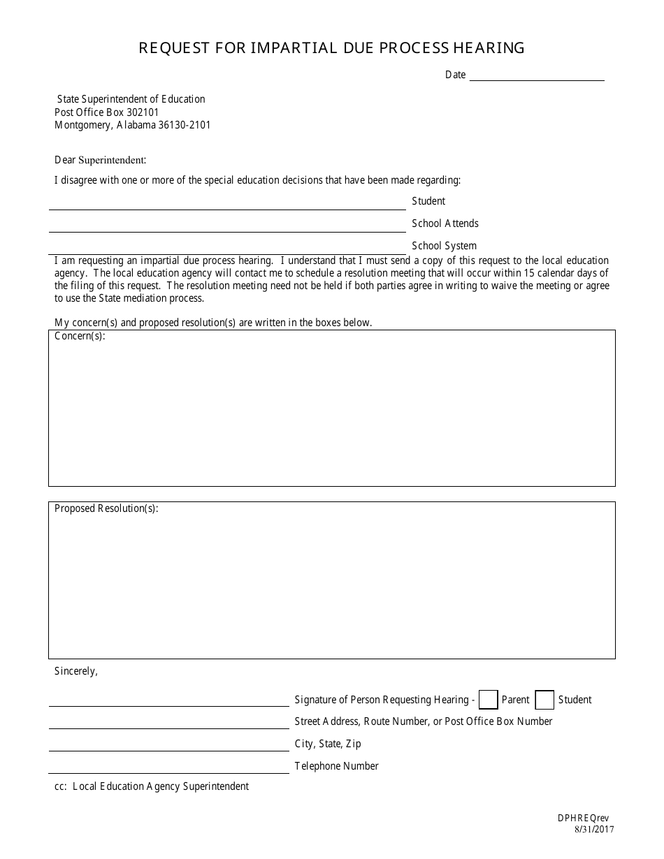 Alabama Request for Impartial Due Process Hearing - Fill Out, Sign ...