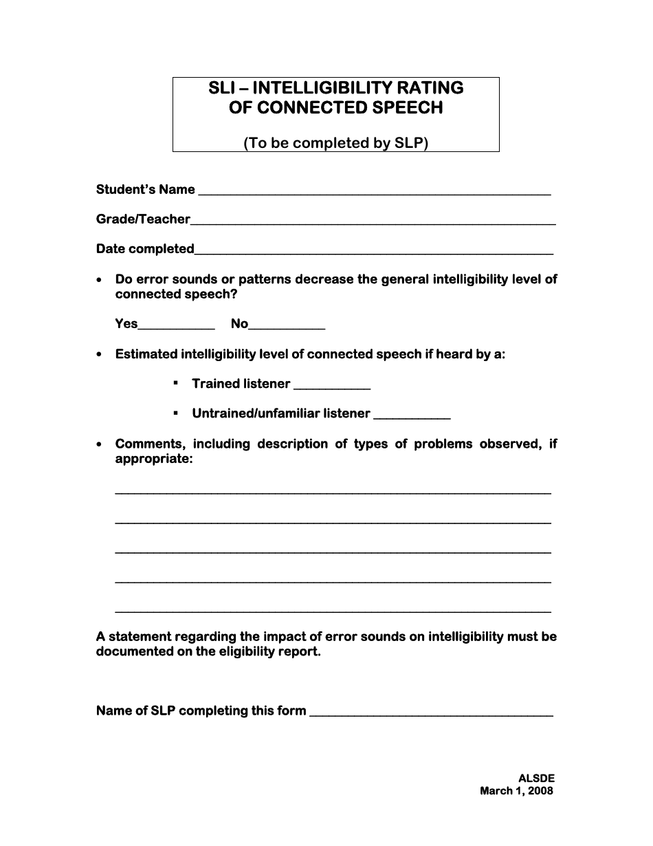Alabama Sli - Intelligibility Rating of Connected Speech - Fill Out ...